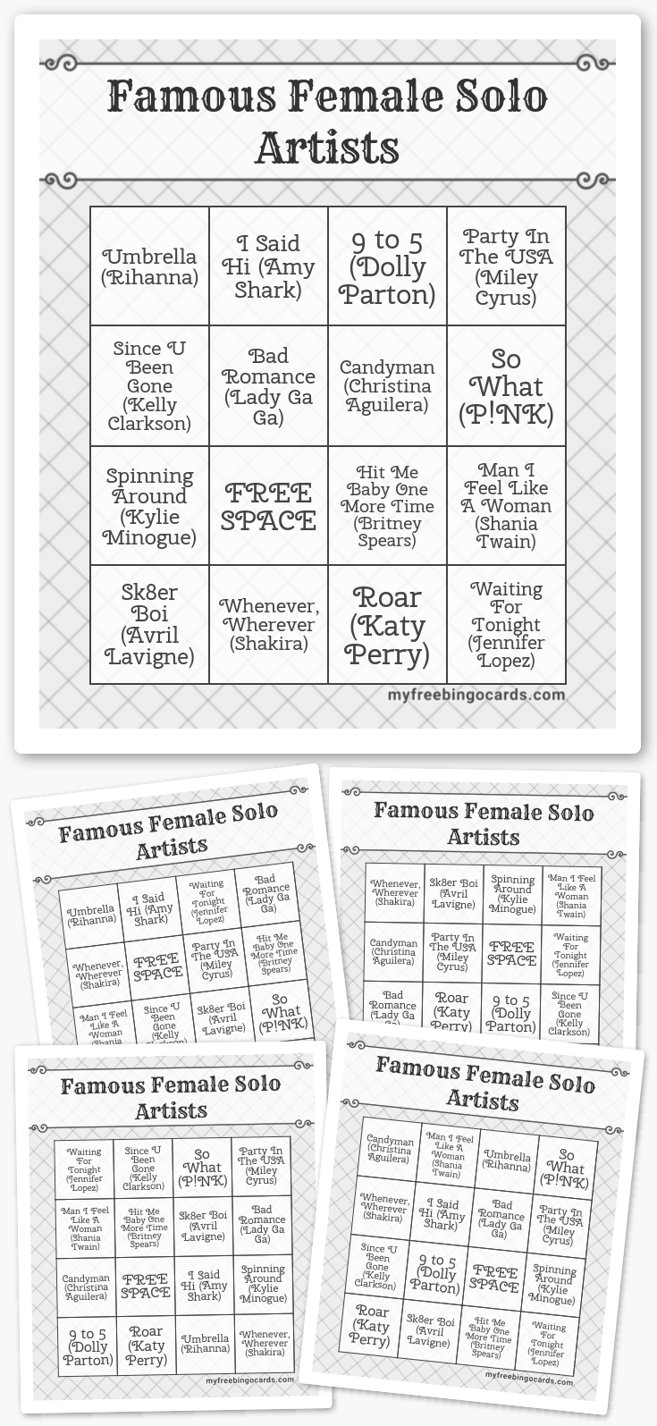 Virtual Famous Female Solo Artists Bingo