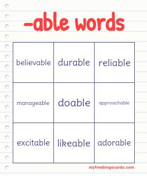 -able words bingo
