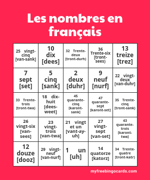 Les nombres en français Bingo