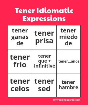 Print 100+ Tener Idiomatic Expressions Bingo Cards