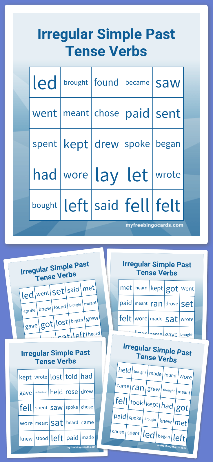 Virtual Irregular Simple Past Tense Verbs Bingo