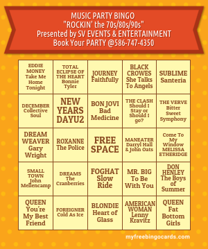 MUSIC PARTY BINGO "ROCKIN' the 70s/80…
