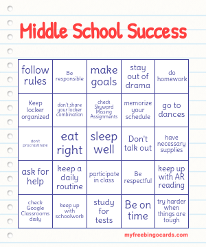Middle School Success Bingo