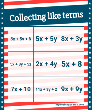 Collecting like terms Bingo