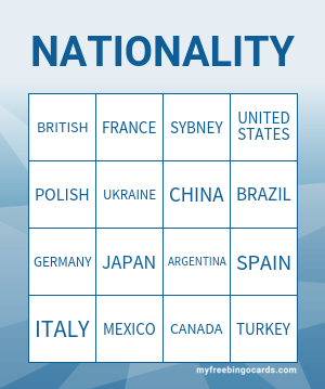 NATIONALITY BINGO