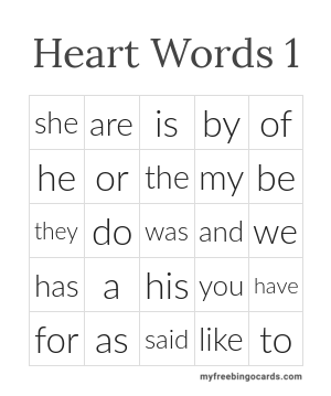 Heart Words 1 Bingo