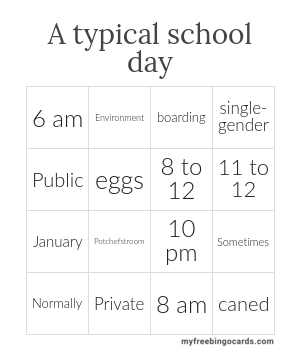 A typical school day Bingo