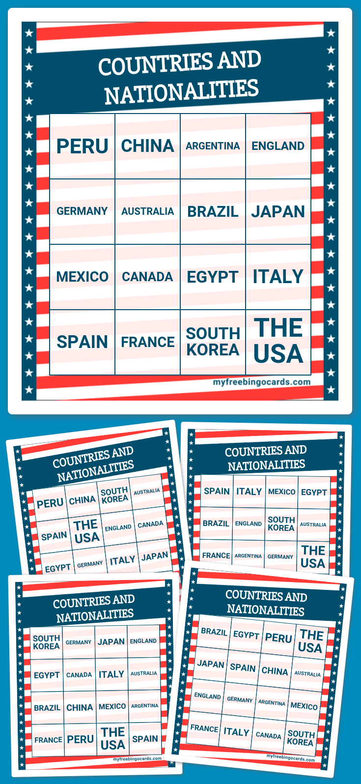 Virtual COUNTRIES AND NATIONALITIES BINGO