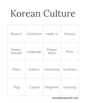 Korean Culture Bingo