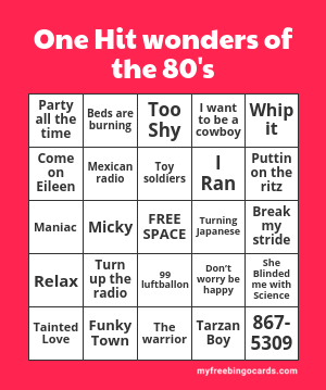 One Hit wonders of the 80's Bingo
