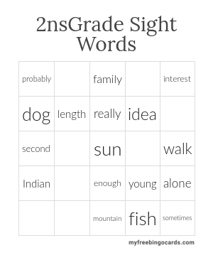2nsGrade Sight Words Bingo