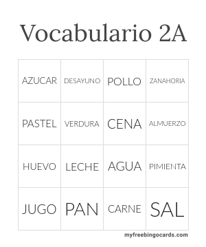 Vocabulario 2A Bingo