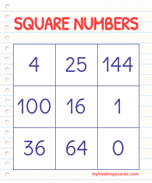 SQUARE NUMBERS BINGO