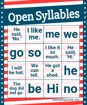 Open Syllables Bingo