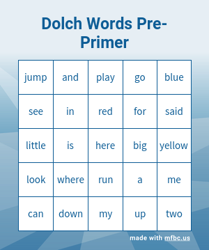 Dolch Words Pre-Primer Bingo