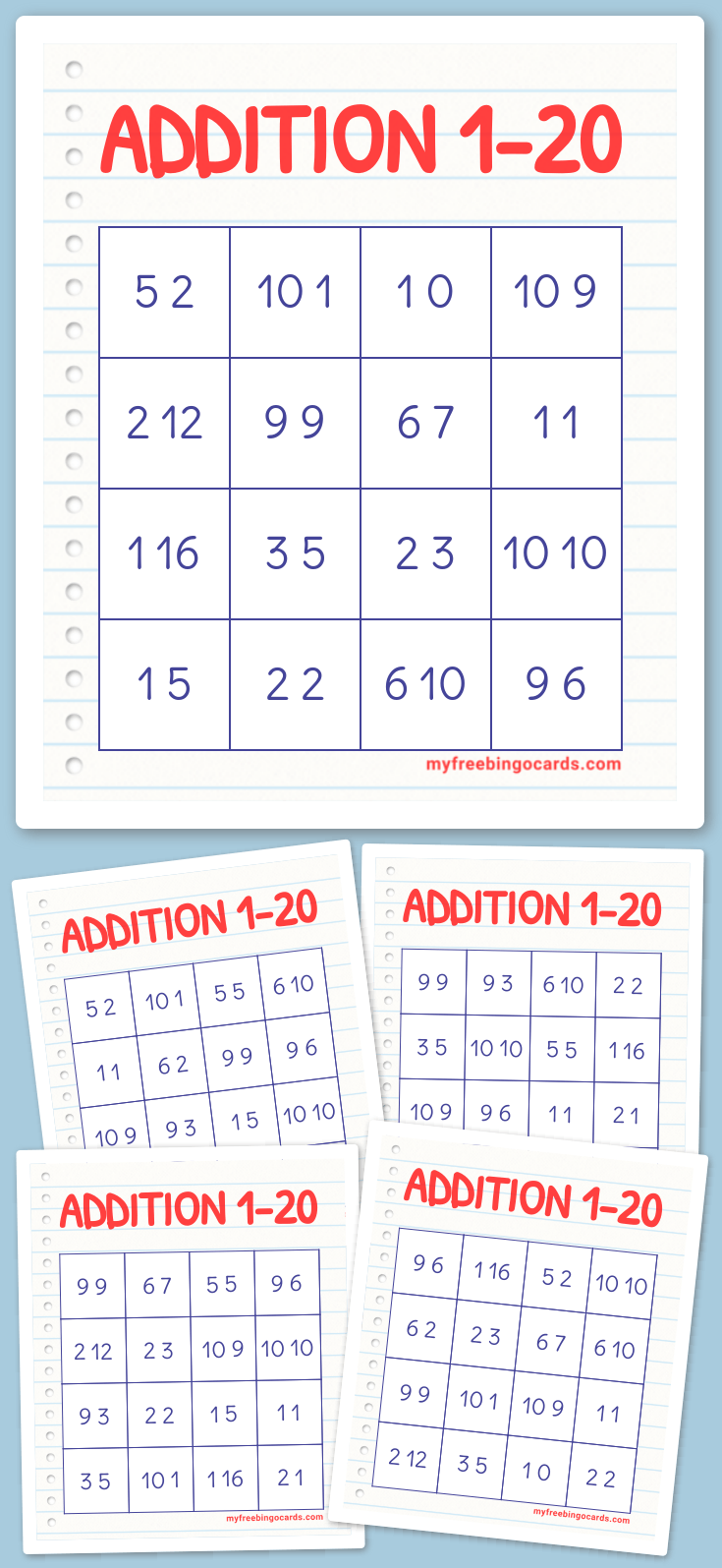 Virtual ADDITION 1-20 BINGO