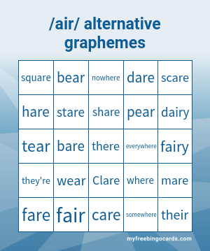 Print 100+ /air/ alternative graphemes bingo cards