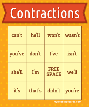Print 100+ Contractions Bingo Cards