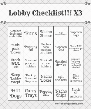 Lobby Checklist!!! X3 Bingo