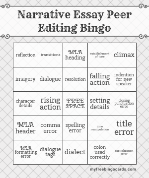 Narrative Essay Peer Editing Bingo