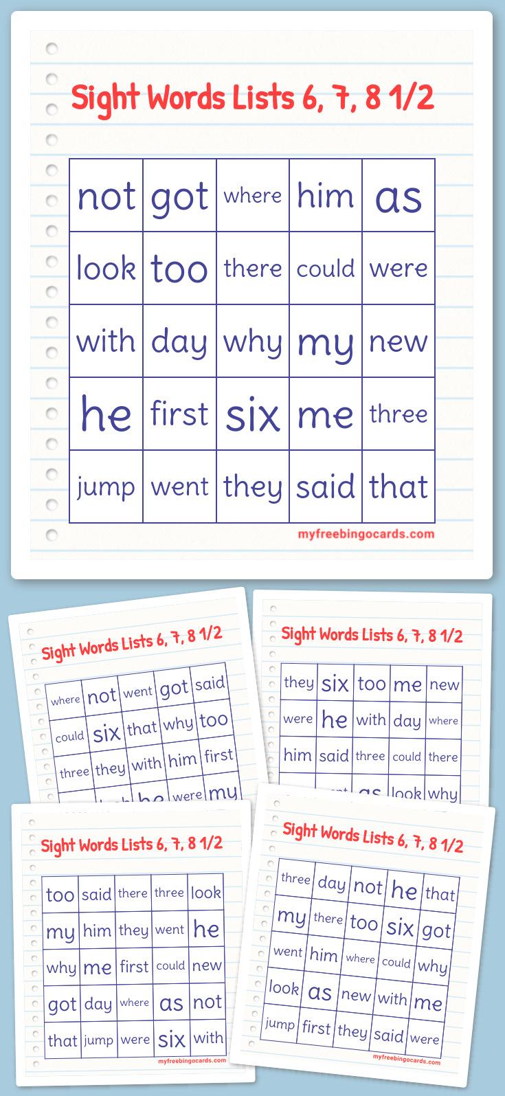 Virtual Sight Words Lists 6, 7, 8 1/2 Bingo