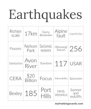 Earthquakes Bingo