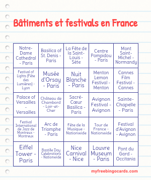 Bâtiments et festivals en France Bingo
