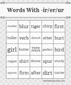 Words With -ir/er/ur Bingo