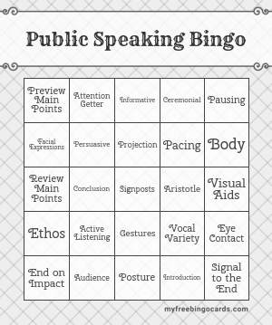 Public Speaking Bingo