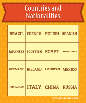 Countries and Nationalities Bingo