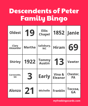 Descendents of Peter Family Bingo
