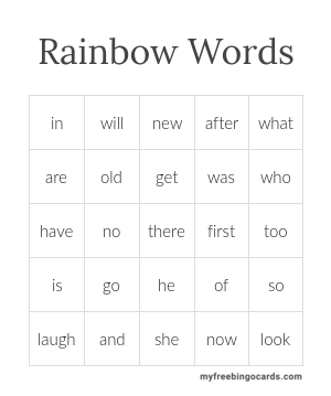 Print 100+ Rainbow Words Bingo Cards