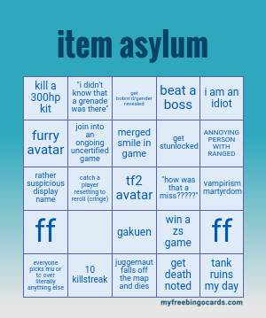 item asylum bingo