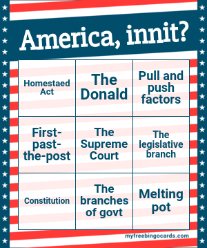 Print 100+ America, innit? Bingo Cards
