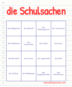 die Schulsachen Bingo