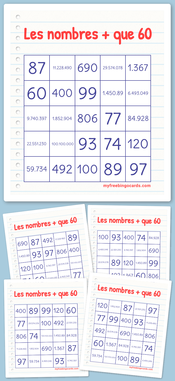 Virtual Les nombres + que 60 Bingo