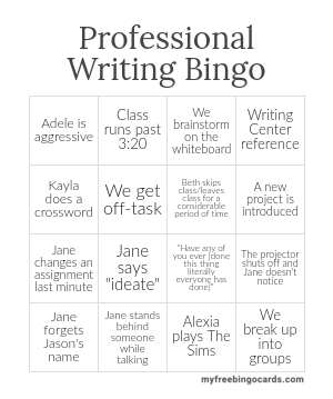Professional Writing Bingo