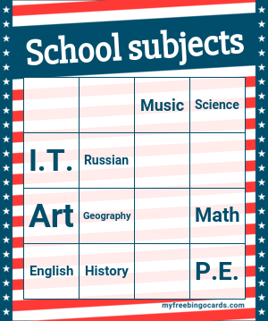 School subjects Bingo