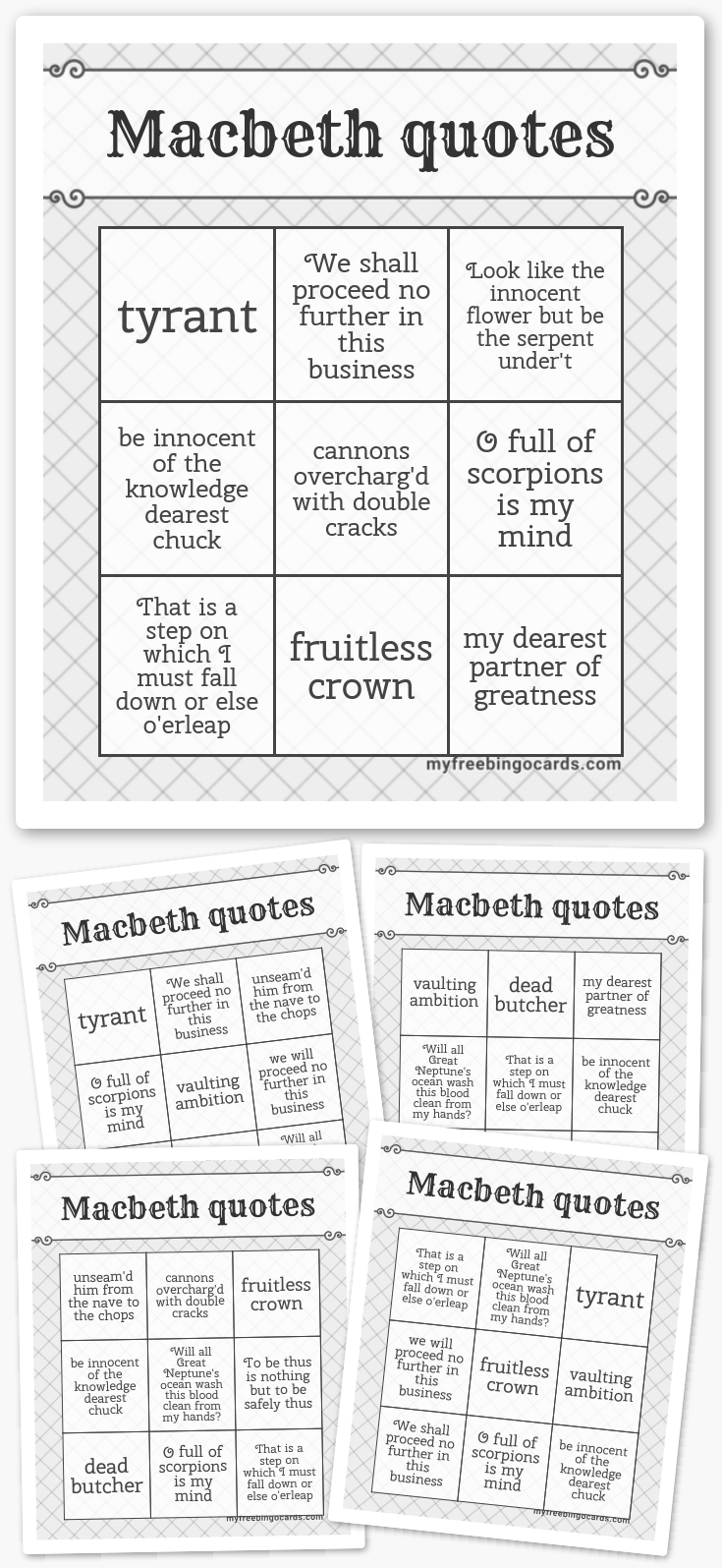 Virtual Macbeth quotes Bingo
