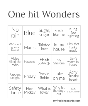 One hit Wonders Bingo