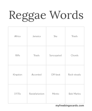 Reggae Words Bingo