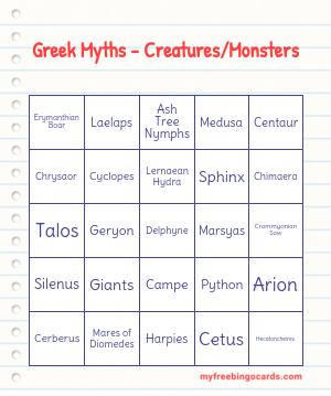 Greek Myths - Creatures/Monsters Bingo