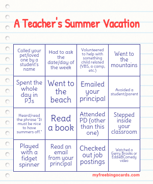 A Teacher's Summer Vacation Bingo