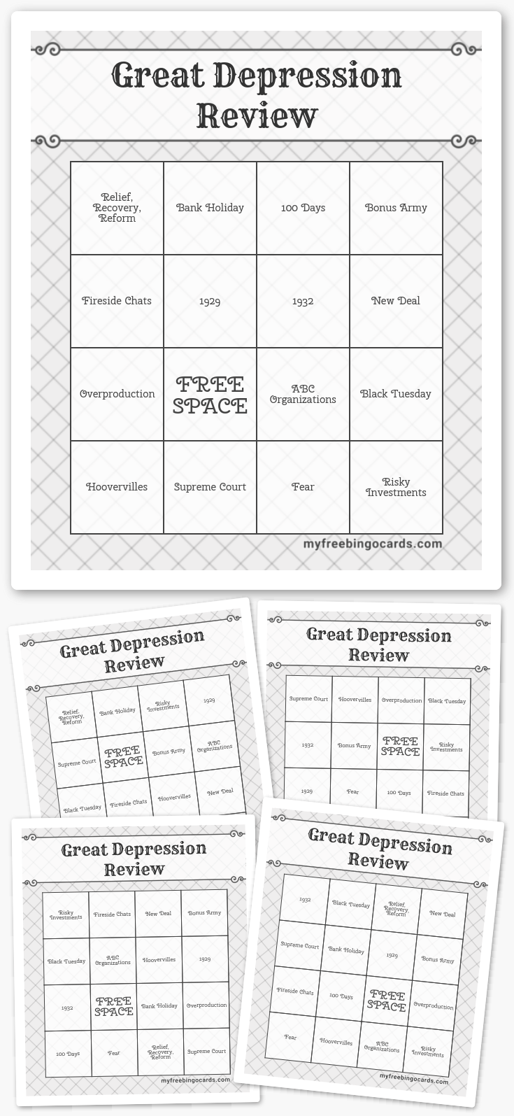 Virtual Great Depression Review Bingo