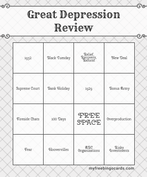 Print 100+ Great Depression Review Bingo Cards