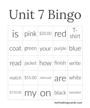 Unit 7 Bingo