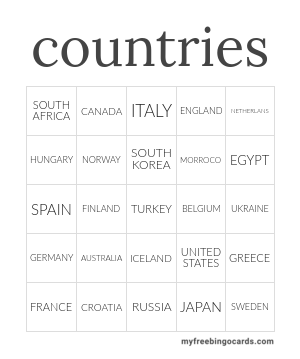 countries bingo