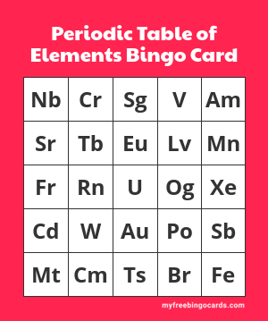 Periodic Table of Elements Bingo Card