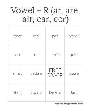 Vowel + R (ar, are, air, ear, eer) Bingo