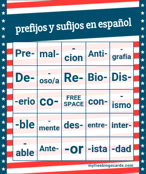 prefijos y sufijos en español bingo